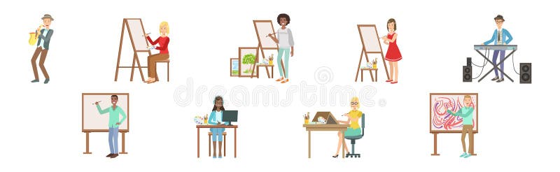 Artist and Creative People Character at Working Process Vector Set ...