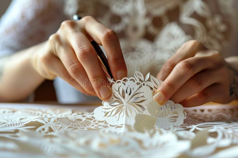 Artist Cutting Intricate Patterns into Paper for a Delicate Papercraft ...