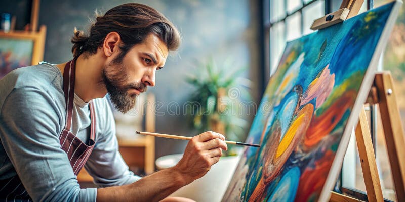 An Artist in Deep Concentration while Painting Representing Creativity ...