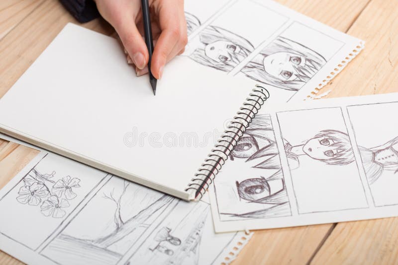 Artist Drawing an Anime Comic Book in a Studio Stock Image - Image of ...