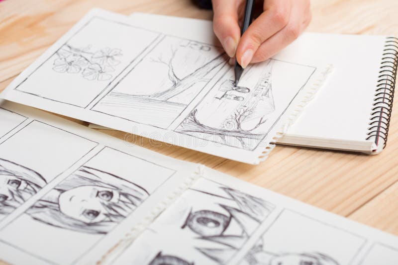 Artist Drawing an Anime Comic Book in a Studio Stock Image - Image of ...