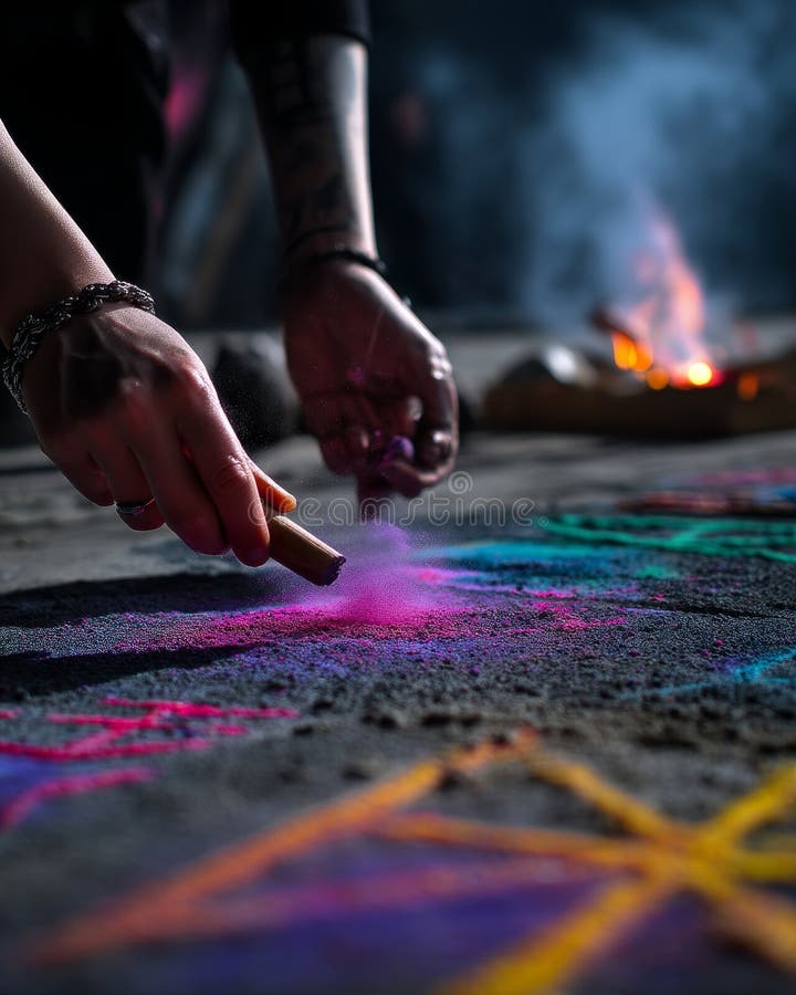 Artist Drawing with Colored Chalk on Asphalt during Night Ceremony ...