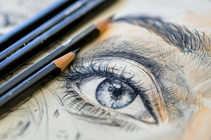 Artist Drawing a Realistic Eye with Graphite Pencils Stock Illustration ...