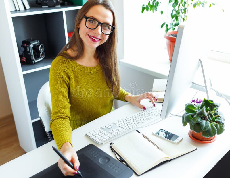 Artist Drawing Something on Graphic Tablet at the Home Office Stock ...
