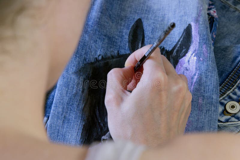 The Artist Draws with Acrylic on the Fabric . Art Studio. Ideas of ...