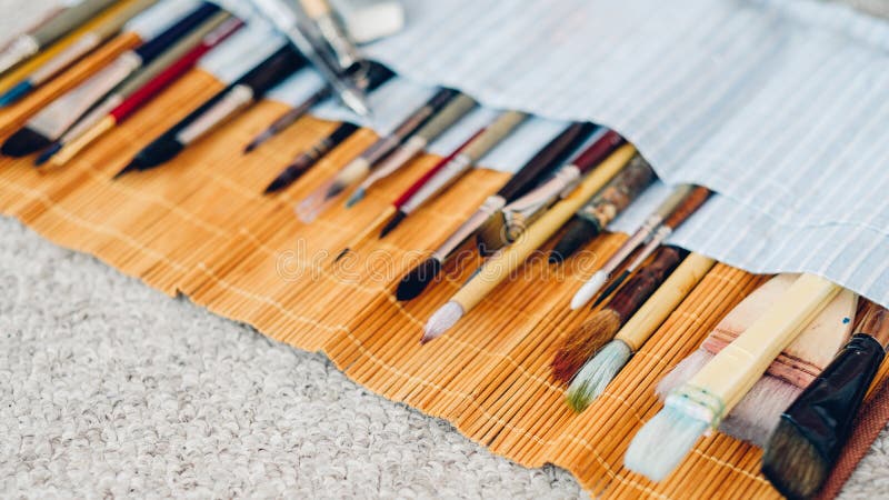 Artist Essential Tools Paintbrushes Set Organizer Stock Image - Image ...
