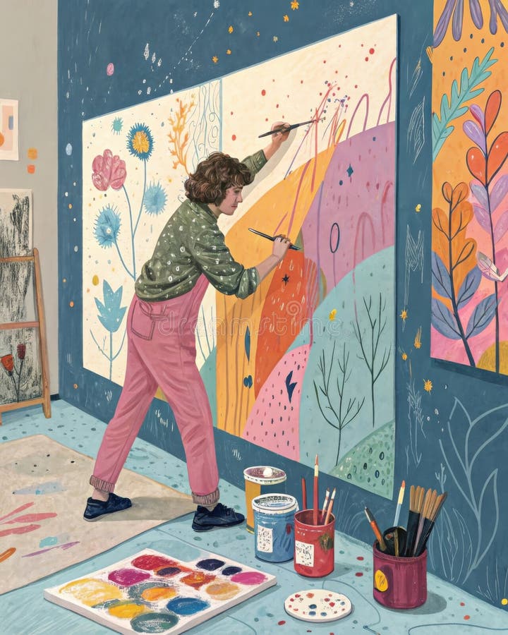 An Artist Experimenting with Various Techniques and Materials on Canvas ...