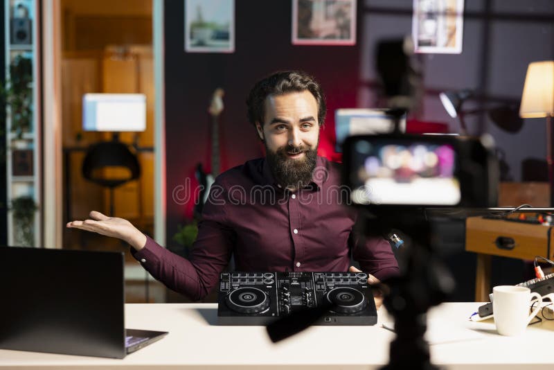 Artist Filming DJ Mixing Tutorial Using Professional Camera Stock Image ...