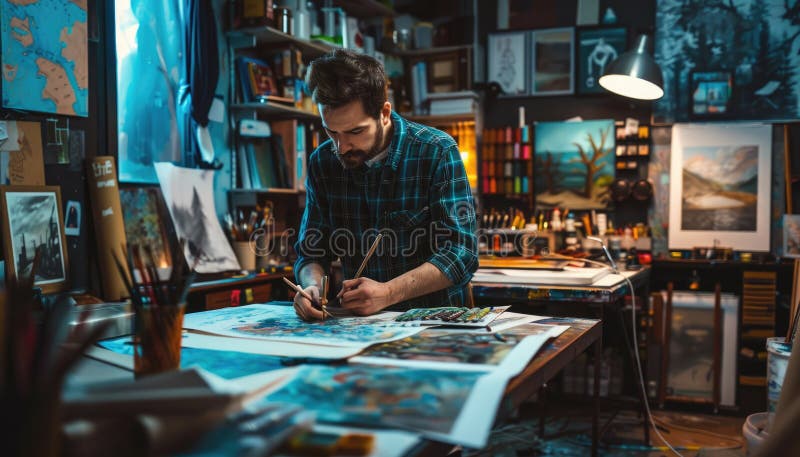 An Artist is Focused on Creating Art in Their Studio, Surrounded by ...