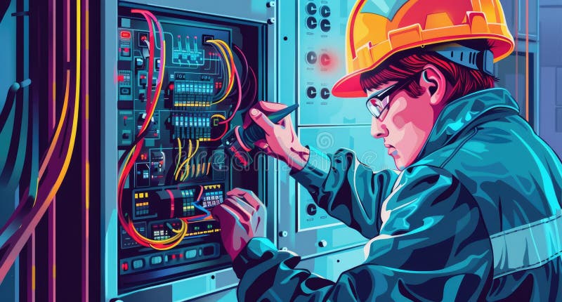 An Artist in a Hard Hat is Painting a Machine in a Server Room Stock ...