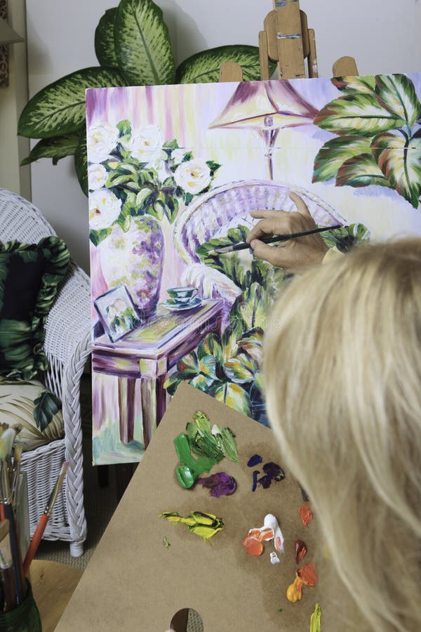 Artist in Her Fifties Painting Stock Image - Image of rattan, canvas ...