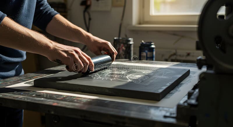 Artist Ink Rolling on Lithographic Stone, Printmaking Process Stock Image - Image of stone ...