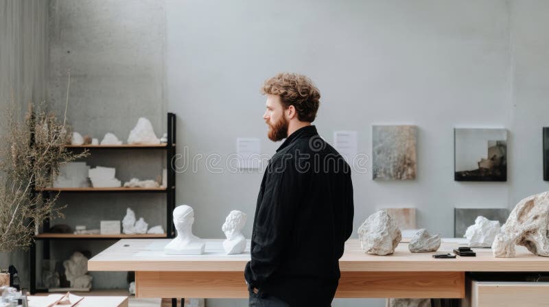 Artist in Modern Studio Surrounded by Sculptures and Natural Elements. Creative Exploration ...