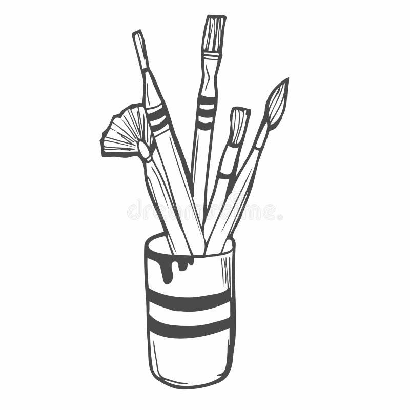 Artist Paint Brushes in a Cup. Vector Sketch Illustration Stock Vector ...