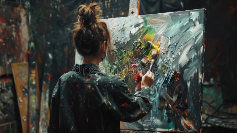 Artist Painting on Canvas in Studio. Creative Process and Art Workshop ...