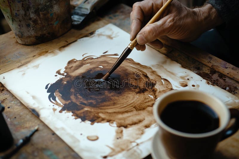Artist Painting with Coffee Creating Abstract Artwork Stock Photo ...