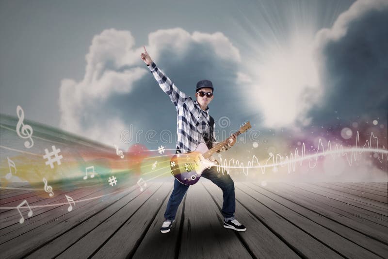 Artist Perform Guitar Instrument Under Blue Sky Stock Illustration ...