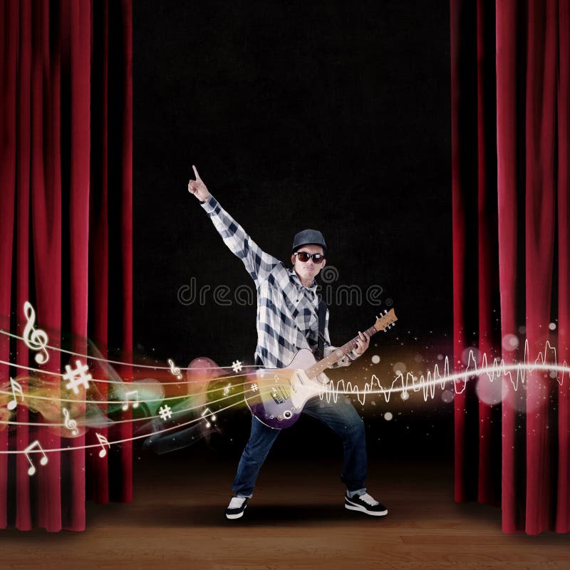Artist Play Guitar on Stage with Musical Notes Stock Illustration ...