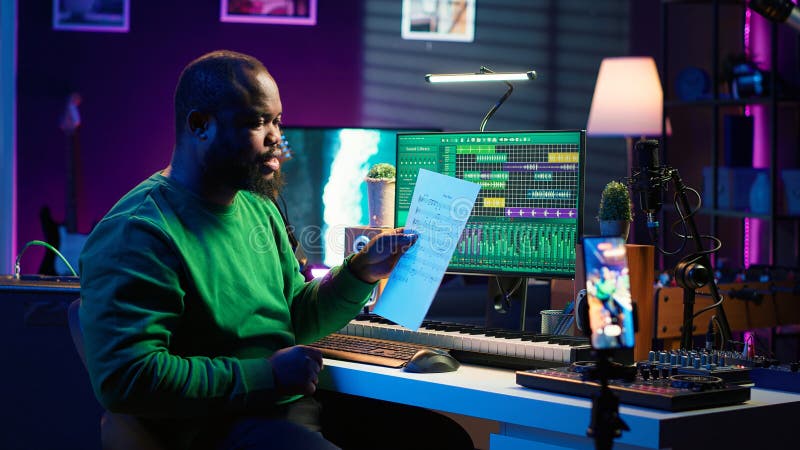Artist Pointing at Musical Sheet Notation To Explain Notes on Piano ...