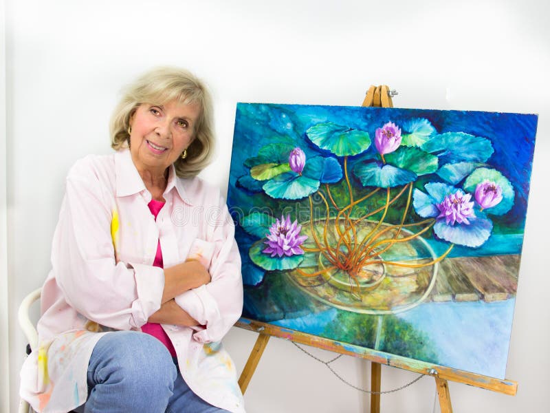 Artist Presents Her Finished Painting Stock Photo - Image of painter ...