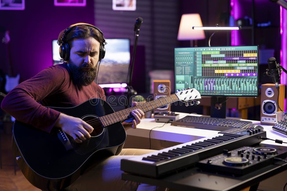 Artist Recording His Acoustic Guitar Tunes in Home Studio Stock Image ...