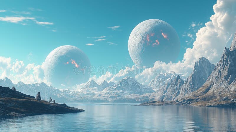 Artist Renders Two Planets in Sky with Mountains and Water Stock Photo ...