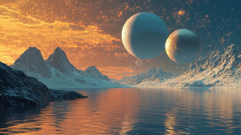 Artist Renders Two Planets in Sky with Mountains and Water Stock Photo ...