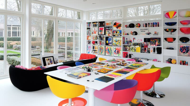 Artist S Bright Studio, Colorful Chairs, Garden View, Artwork Display ...