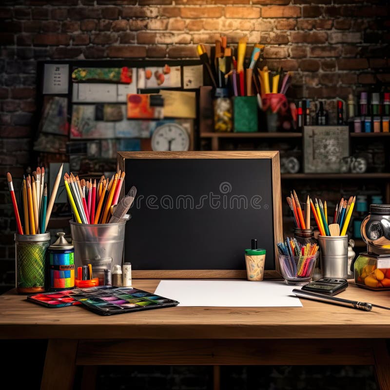 Artist S Desk with Blank Canvas and Colored Pencils Stock Illustration ...