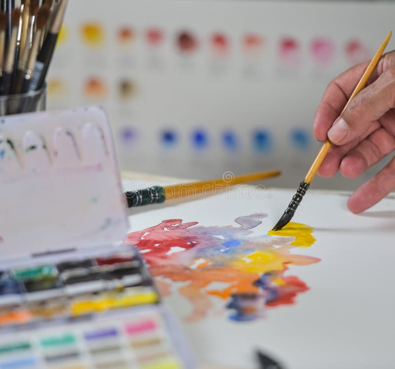 Artist S Hand Applying Paint Gouache Stock Photo - Image of drawing ...