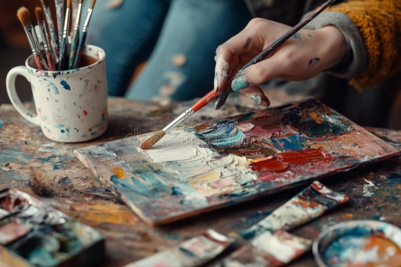 Artist S Hand Mixing Colors on Palette in Creative Studio Environment ...