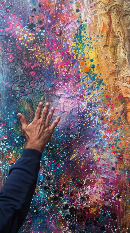 Artist& X27;s Hand Touching Colorful Abstract Painting with Splashes ...