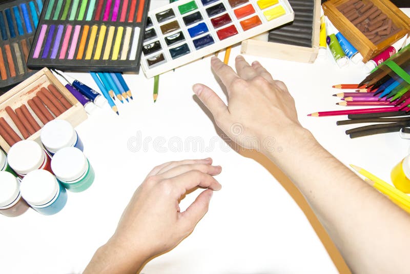 The Artist`s Hands Start of Work Workplace Workshop Art Mater Stock ...