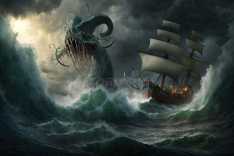 An Artist S Impression of a Sea Monster Attacking a Ship in Stormy Seas ...