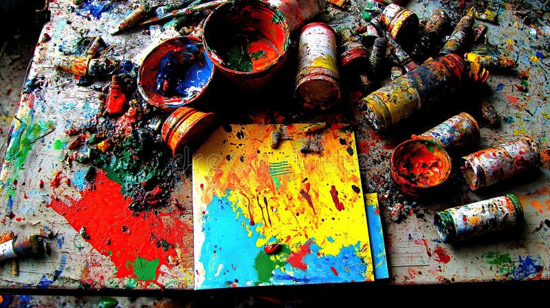 Artist S Messy Studio Table, Paint Splatters, Vibrant Artwork, Creative ...