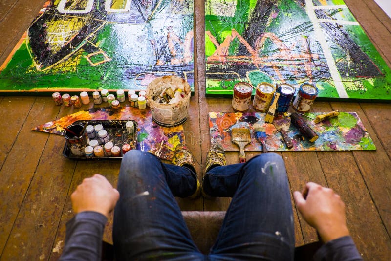 Artist S Painting Process. Abstract Painting Stock Image - Image of ...