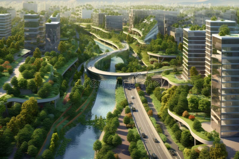 An Artist S Rendering of a City with a River Running through it Stock ...