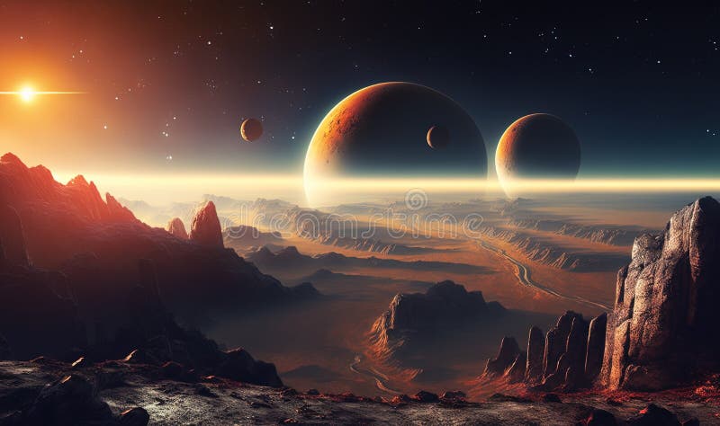 An Artist S Rendering of Planets in the Sky with Mountains and Rocks ...