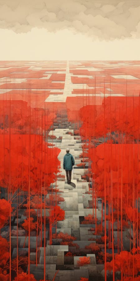 Red Trail: a Modernist Illustration of a Man Walking in a Hyper ...