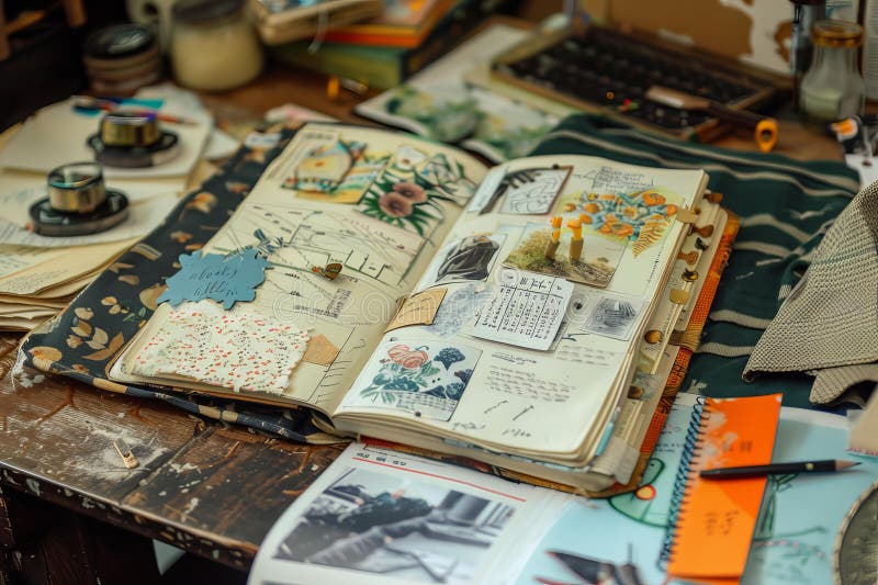 Artist S Scrapbook on Busy Desk Stock Illustration - Illustration of ...