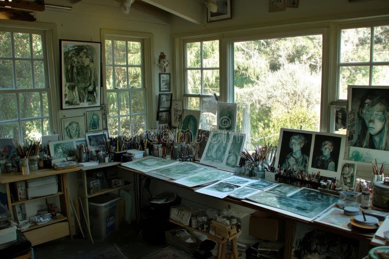Artist S Studio with Artwork in Natural Light, Create and Drawing ...