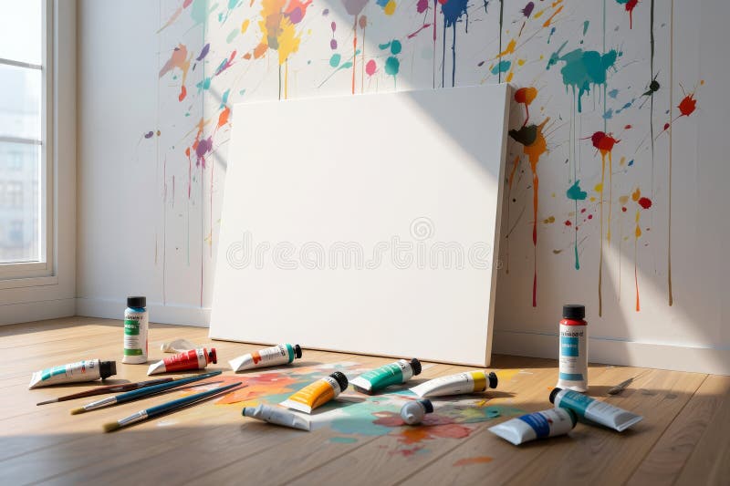 Artist S Studio with Blank Canvas and Scattered Paint Tubes and Brushes ...