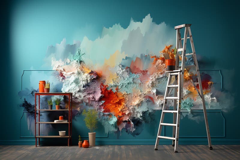 Artist S Studio with Ladder, Canvas Painting on the Wall Stock ...