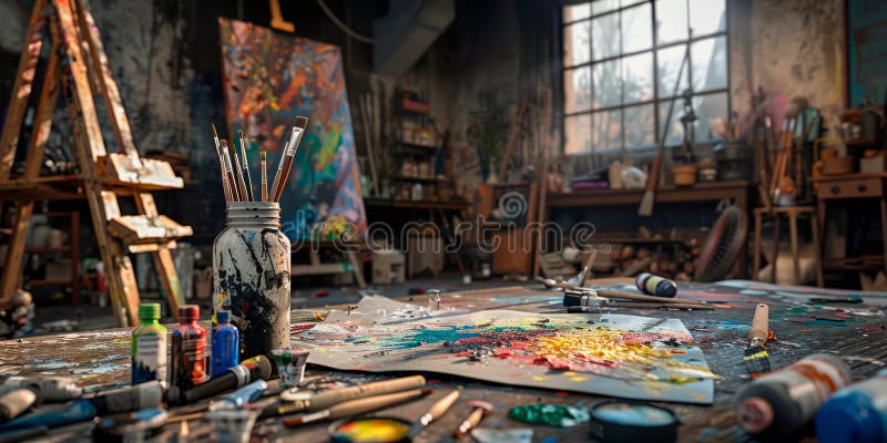 Artist S Studio with Tubes and Paints with Brushes Scattered Around the ...