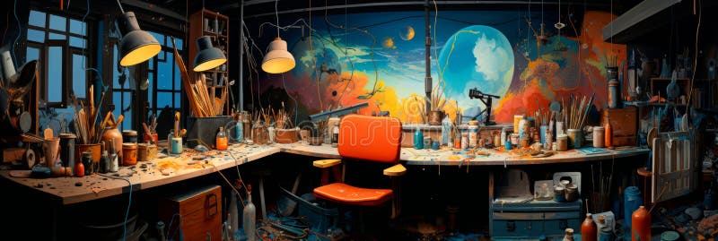 Artist S Studio with Tubes and Paints with Brushes Scattered Around the ...
