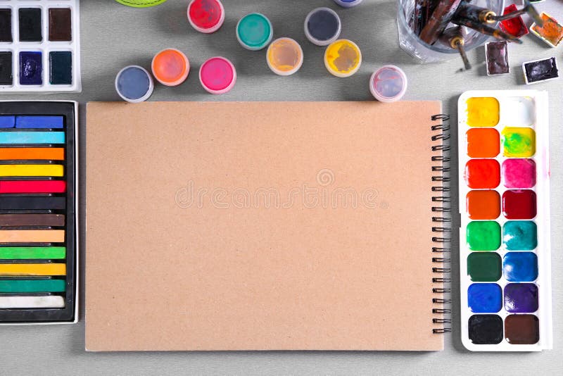 Artist S Supplies on Grey Table Stock Photo - Image of leisure, artwork ...