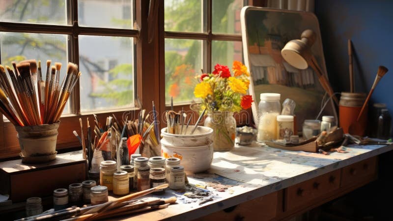 Artist S Table with Brushes and Paints Stock Illustration ...