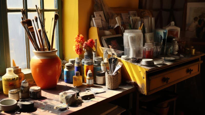 Artist S Table with Brushes and Paints Stock Illustration ...