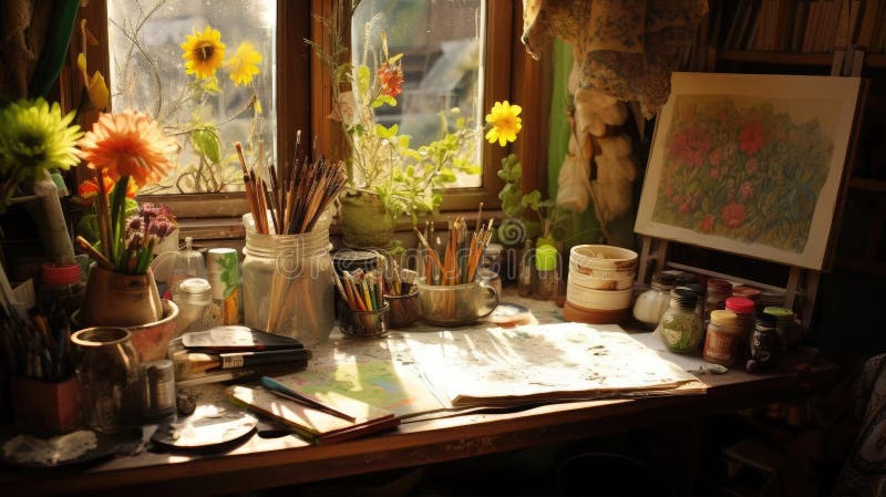 Artist S Table with Brushes and Paints Stock Illustration ...