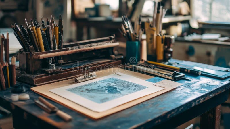 Artist S Workbench with Drawing and Art Supplies Stock Illustration ...